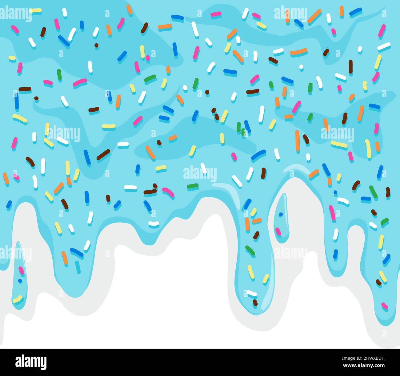 Blue frosting with colorful sprinkles dripping on white background ...