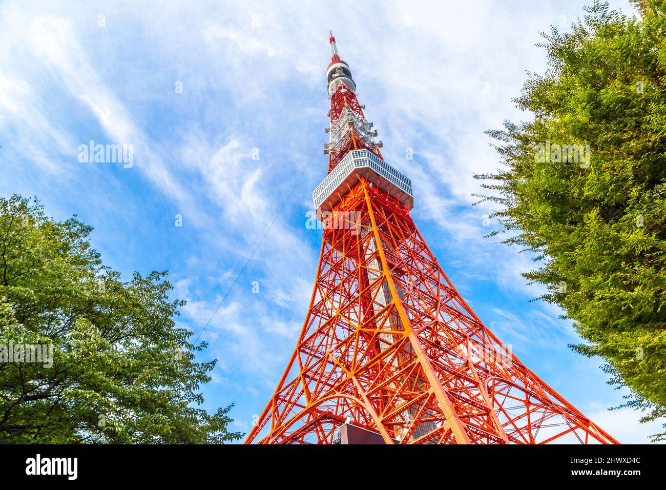Building of tokyo tower red metal against blue sky, Japan Stock Photo ...