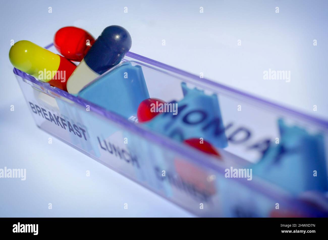 Daily doses pill box labeled with times of the day to remind the user ...