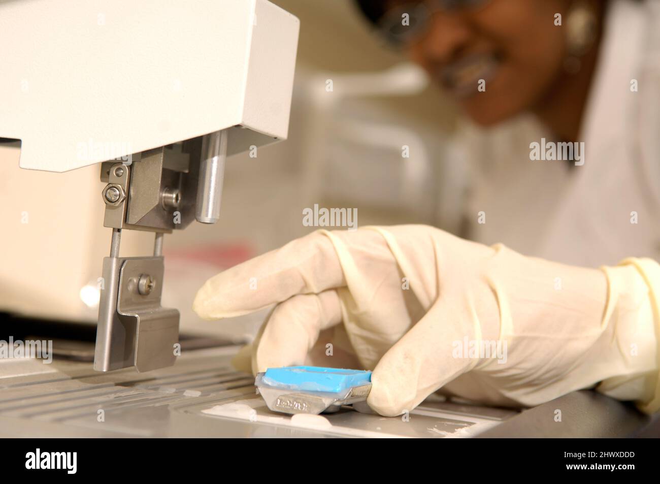 Laboratory students load a microscopic slide into a microscope.(MODEL ...