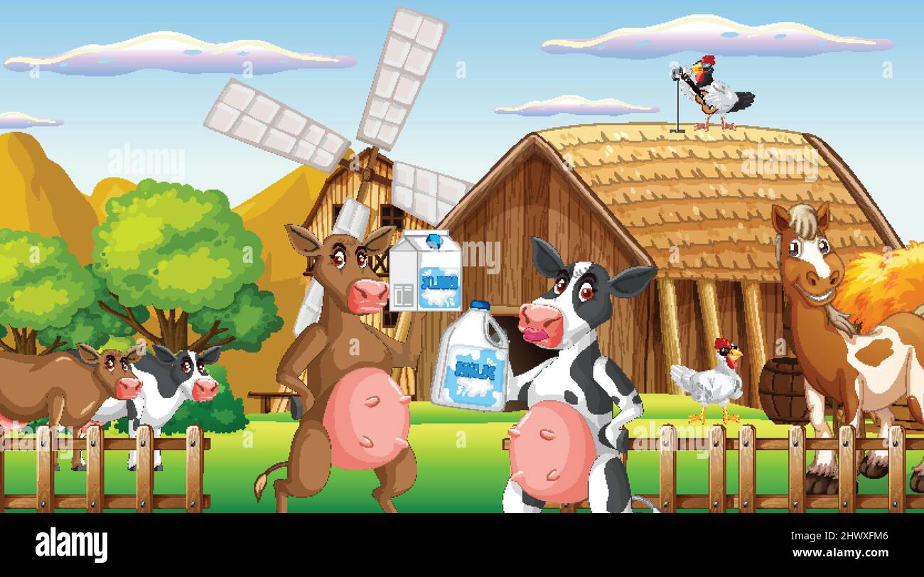 Scene with farm animal on the farm illustration Stock Vector Image ...