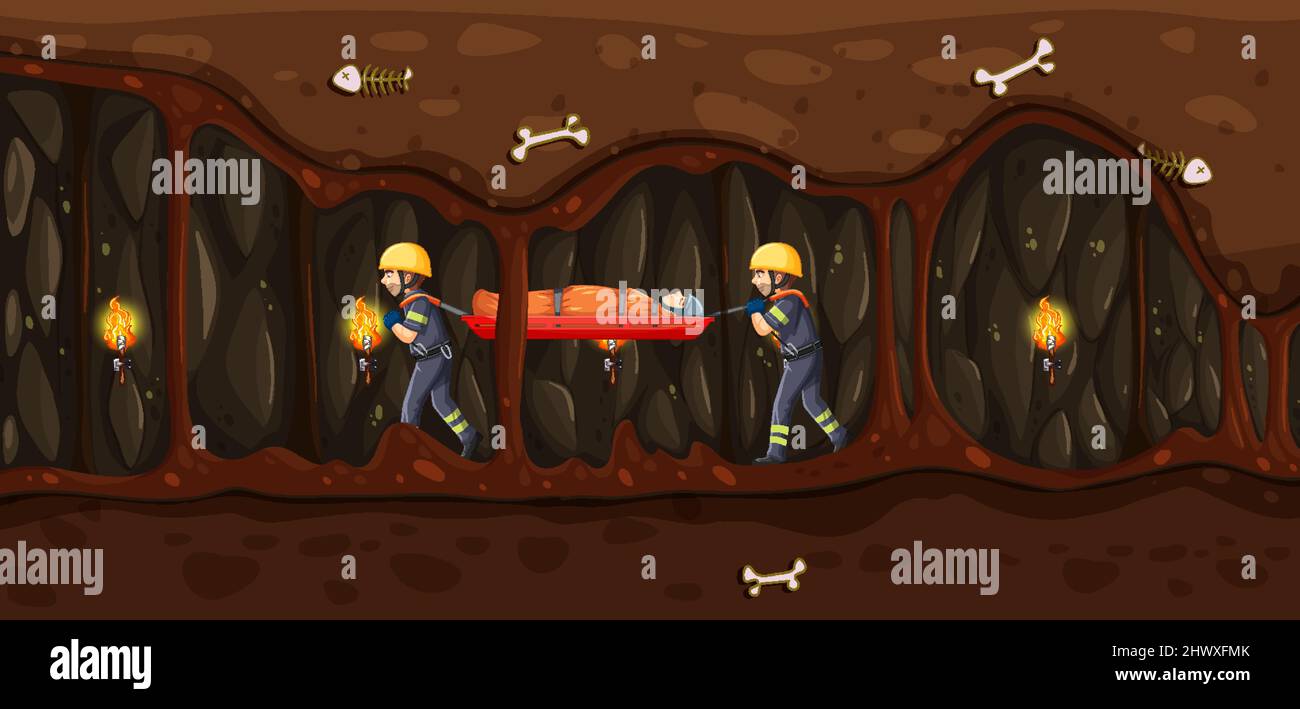 Underground scene with firerman rescue in cartoon style illustration ...