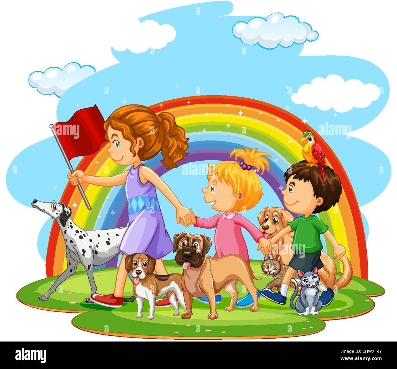 Kids walking with many dogs illustration Stock Vector Image & Art - Alamy