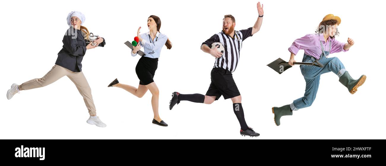 Collage made of running people, cook, farmer, journalist, referee ...