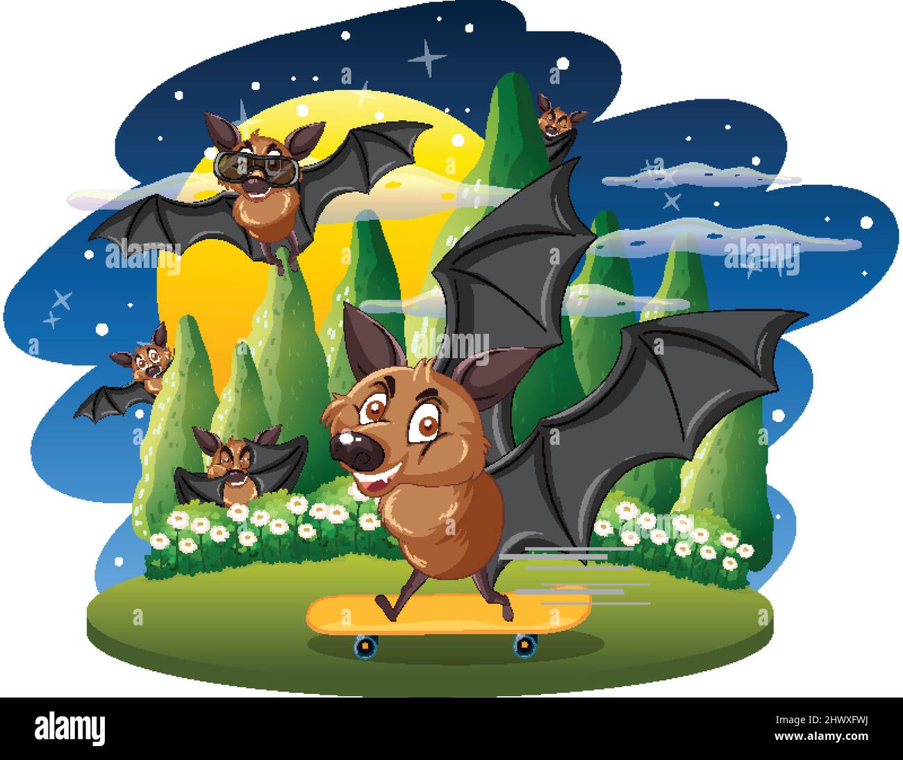 An Isolated scene with bats group in cartoon style illustration Stock ...