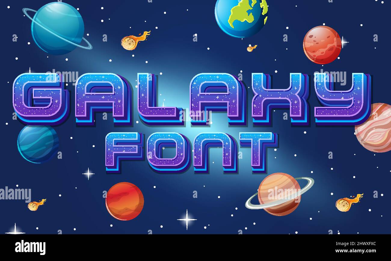 Galaxy font logo with planet on space background illustration Stock ...