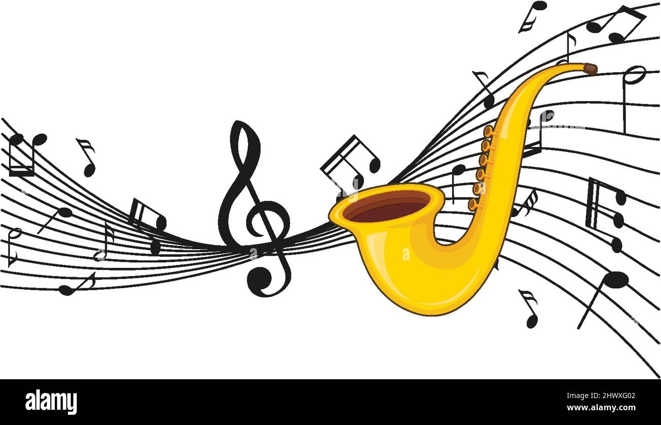 A saxophone with musical notes on white background illustration Stock ...
