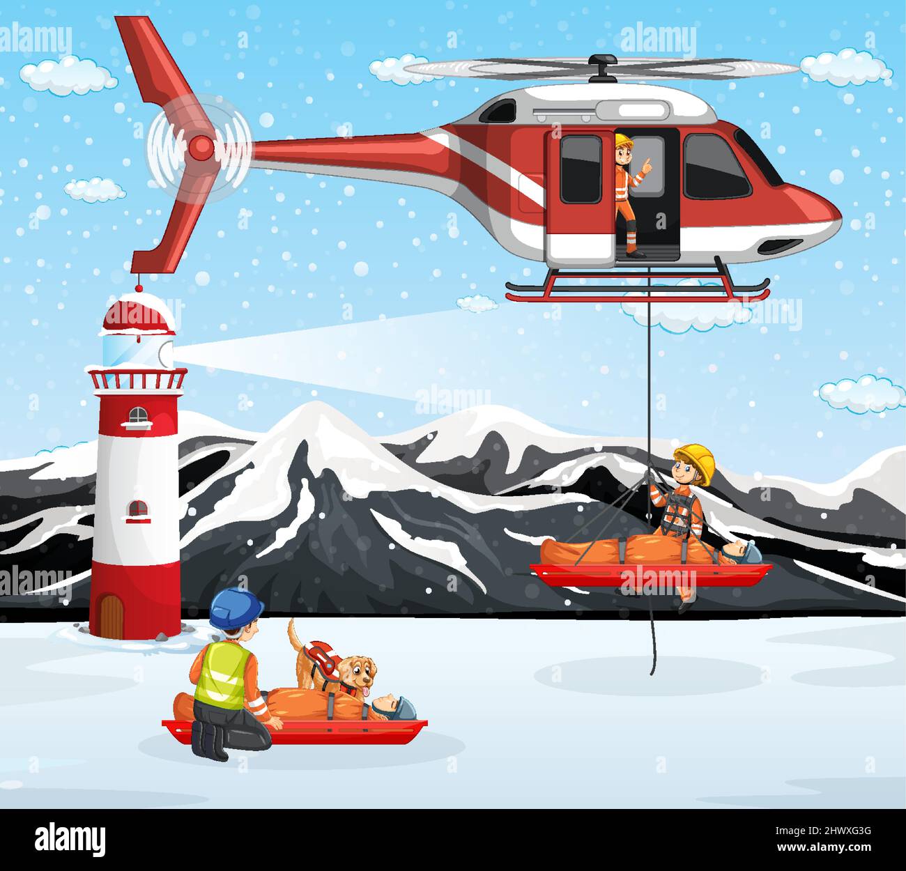 Snow mountain scene with firerman rescue in cartoon style illustration ...