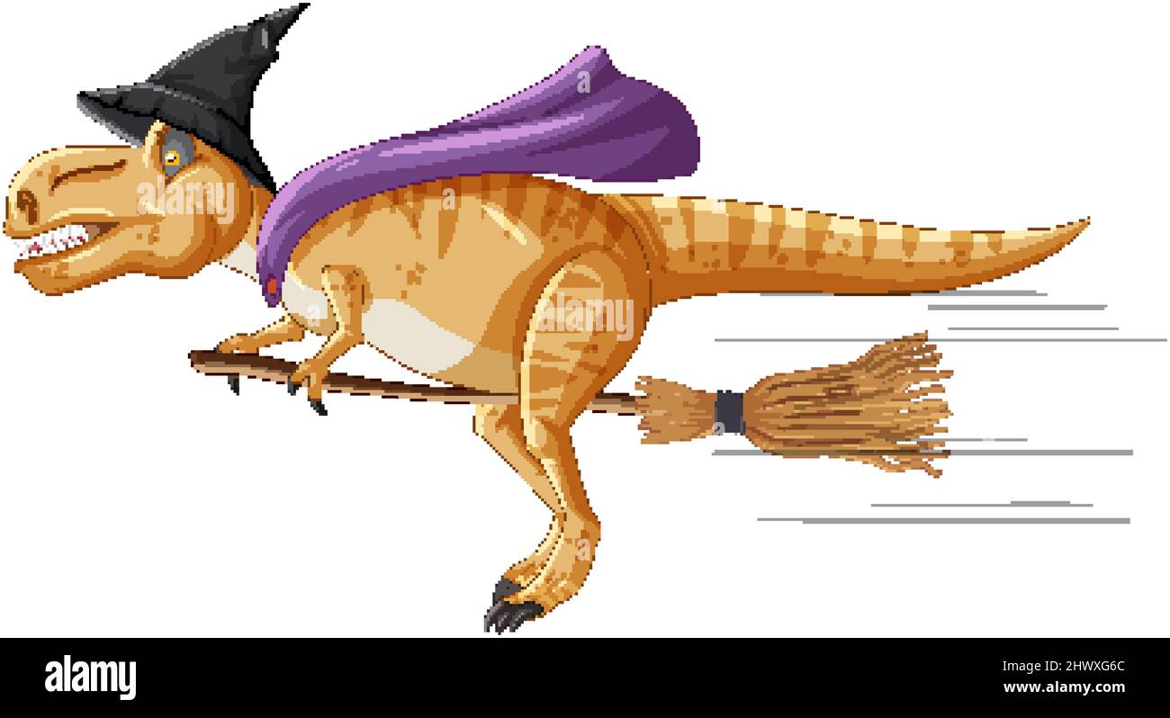Tyrannosaurus rex dinosaur riding on broomstick in cartoon style ...