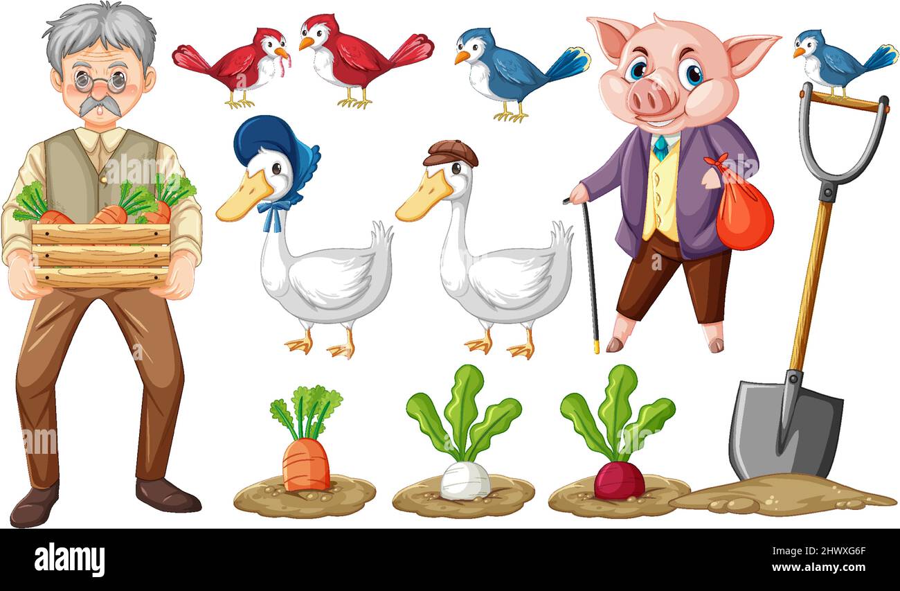 Set of farm animals and farmer cartoon character illustration Stock ...