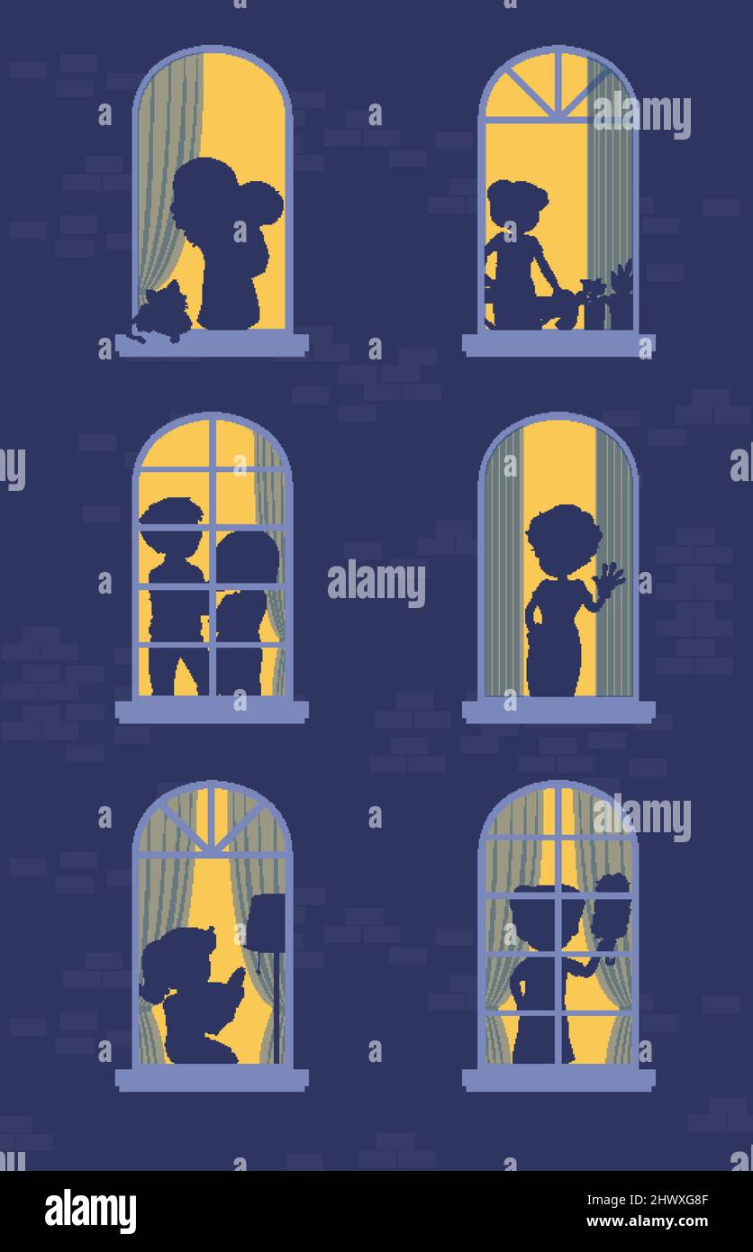 Night windows building with people silhouettes illustration Stock ...