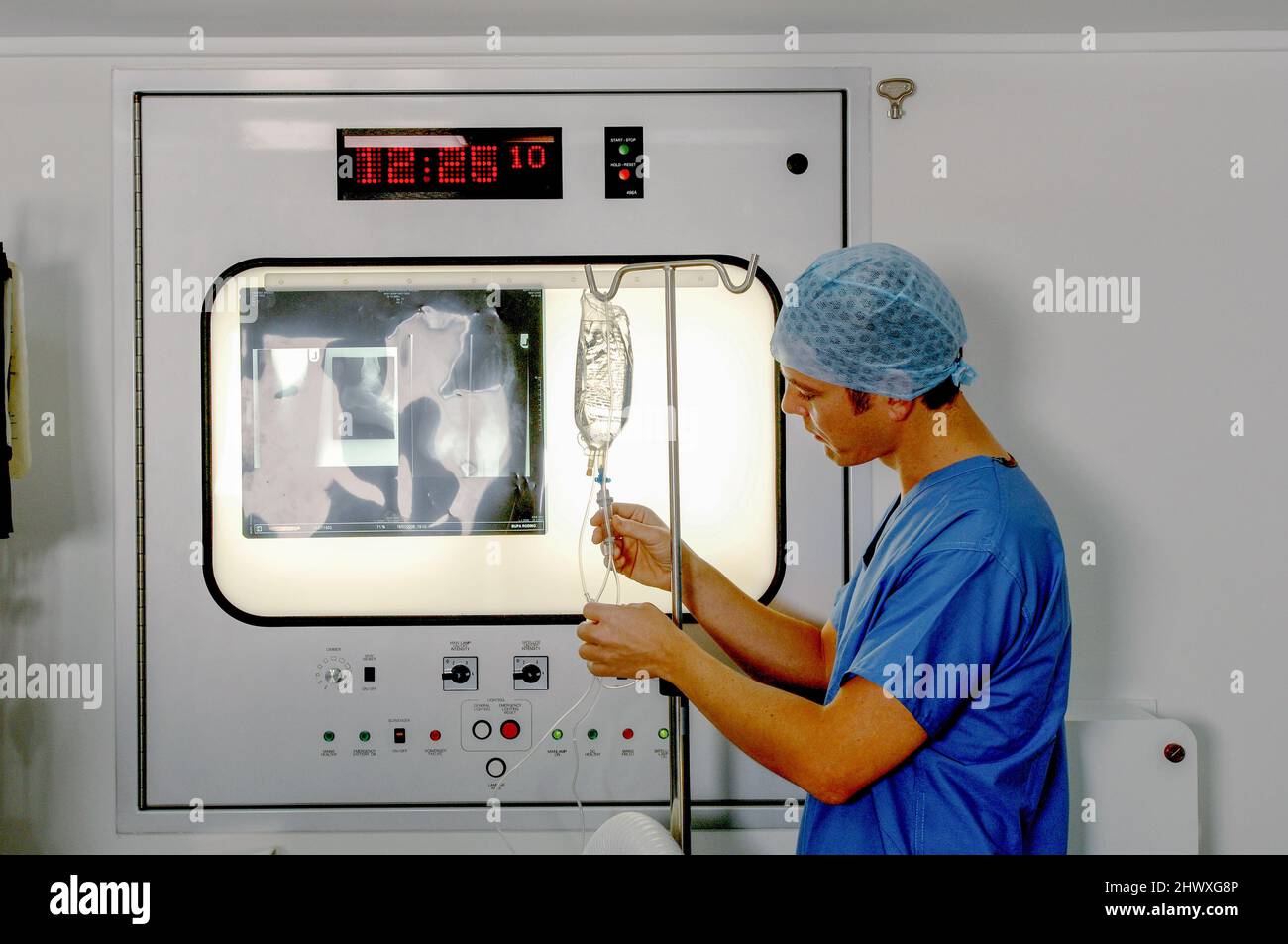 One of the surgical team monitors and adjusts the flow of solution from ...