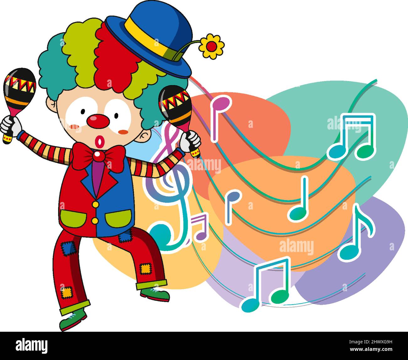 Clown shaking maracas with music notes on white background illustration ...