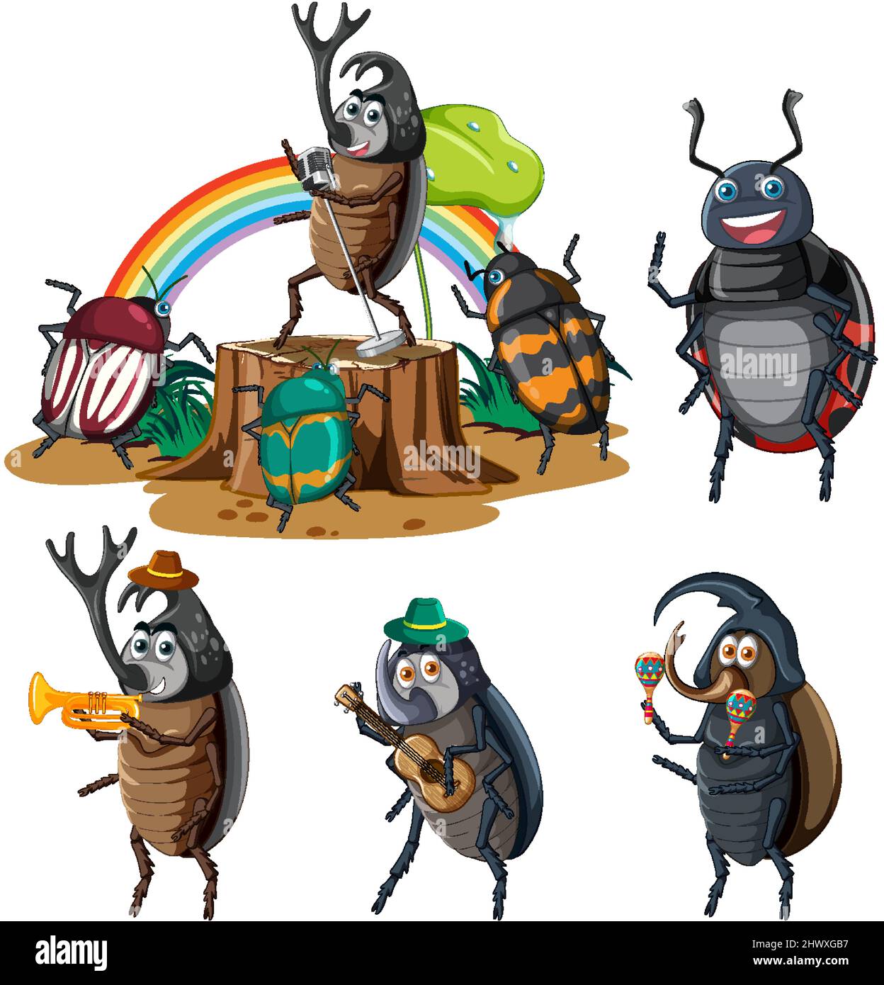 Set of different insects and beetles in cartoon style illustration ...