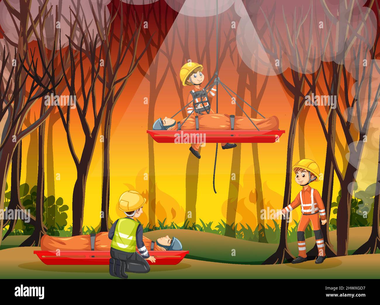 Wildfire scene with firerman rescue in cartoon style illustration Stock ...