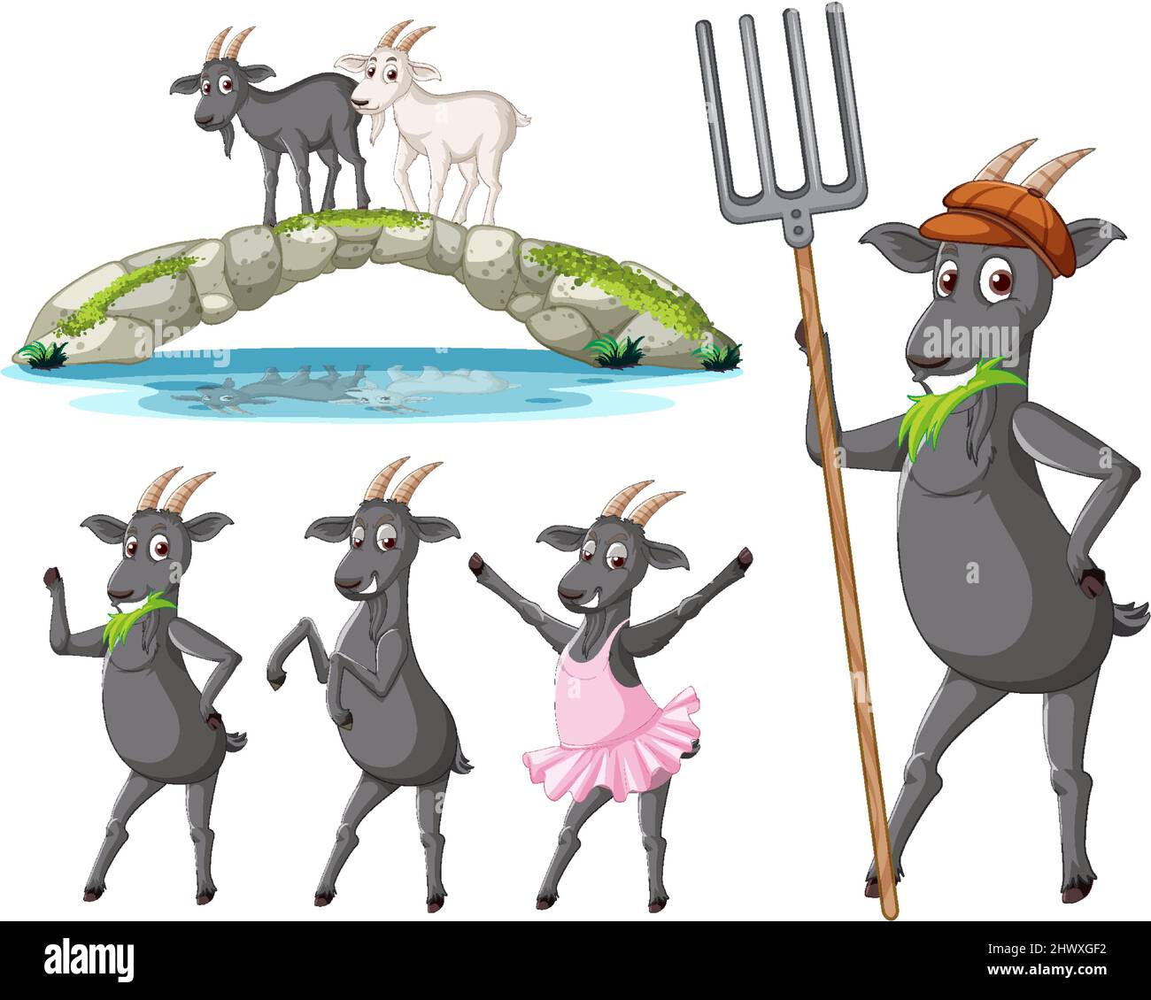 Set of different poses of goats cartoon characters illustration Stock ...