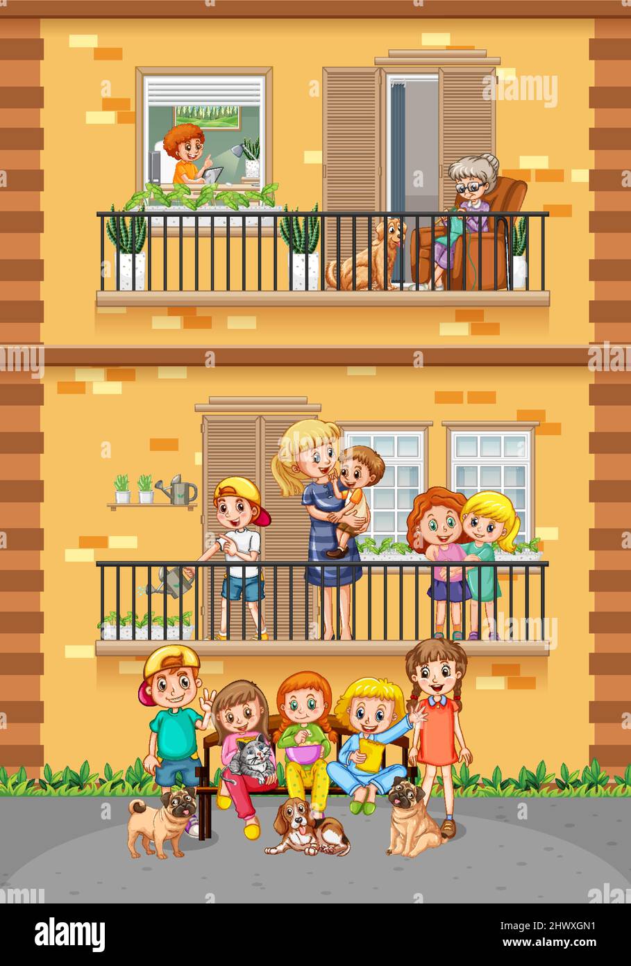 Apartment windows with neighbors cartoon character illustration Stock ...