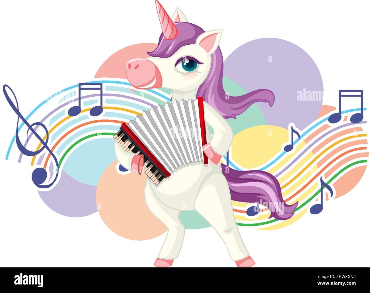 Cute purple unicorn playing accordion with music notes on white ...