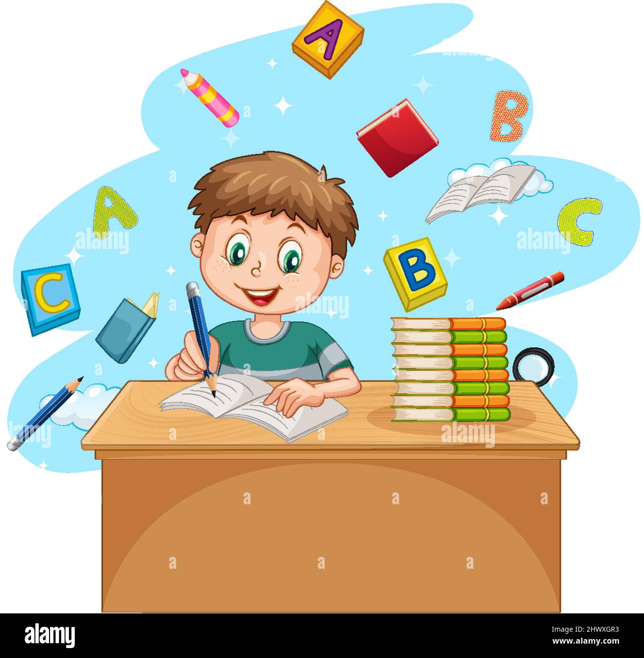 A boy doing homework with books on white background illustration Stock ...