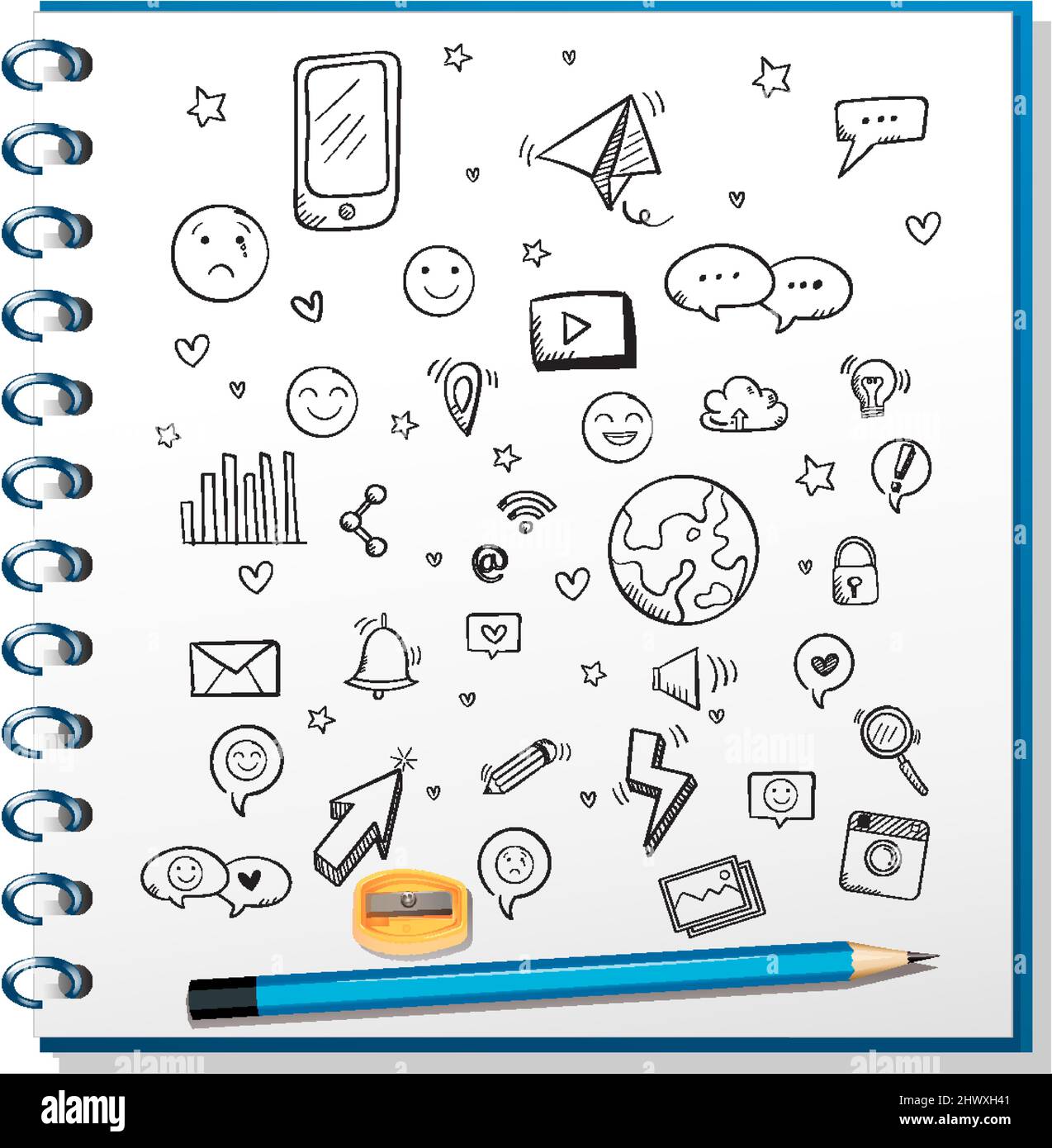 Hand drawn doodles objects on paper with a pencil illustration Stock ...