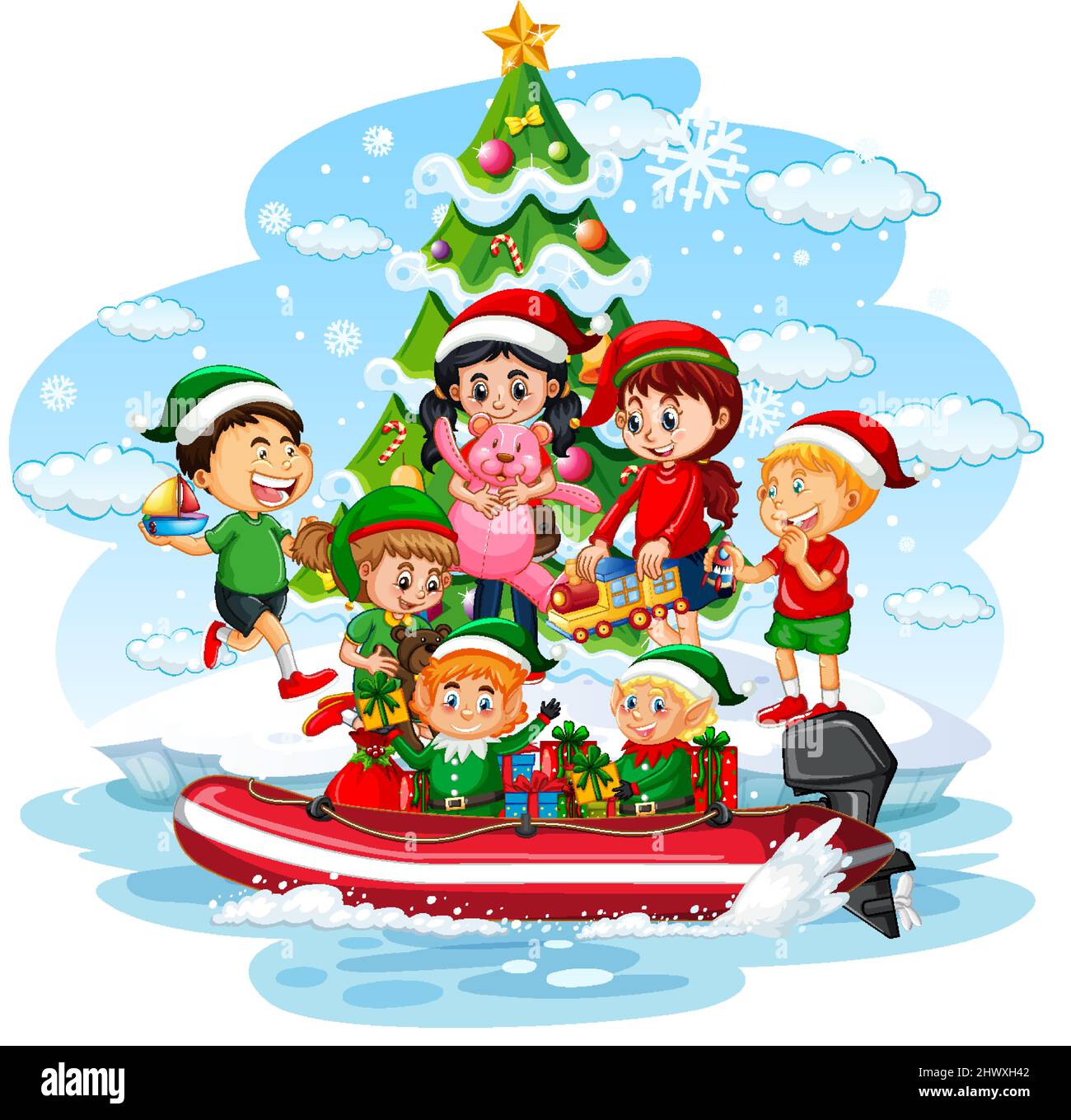 Santa Claus and elves delivering gifts by boat illustration Stock ...