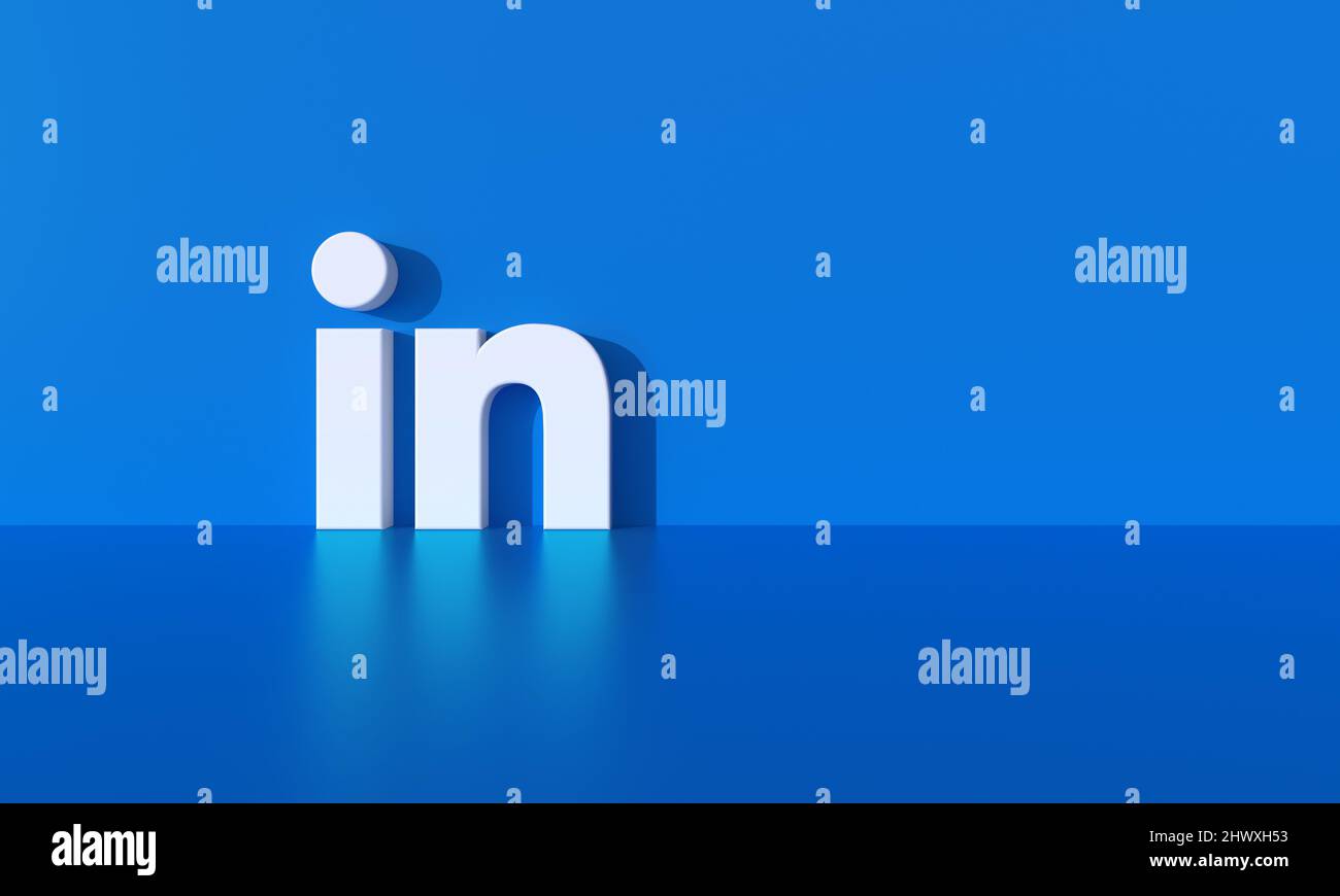 Linkedin logo on blue wall background with hard shadow and space for ...