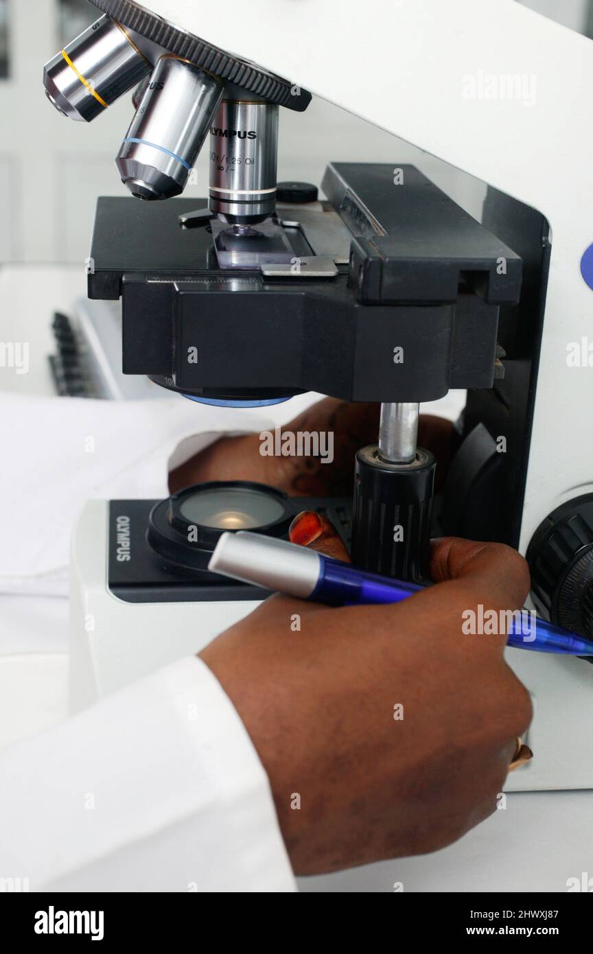 Close up of a scientist's hands operating a microscope Stock Photo - Alamy