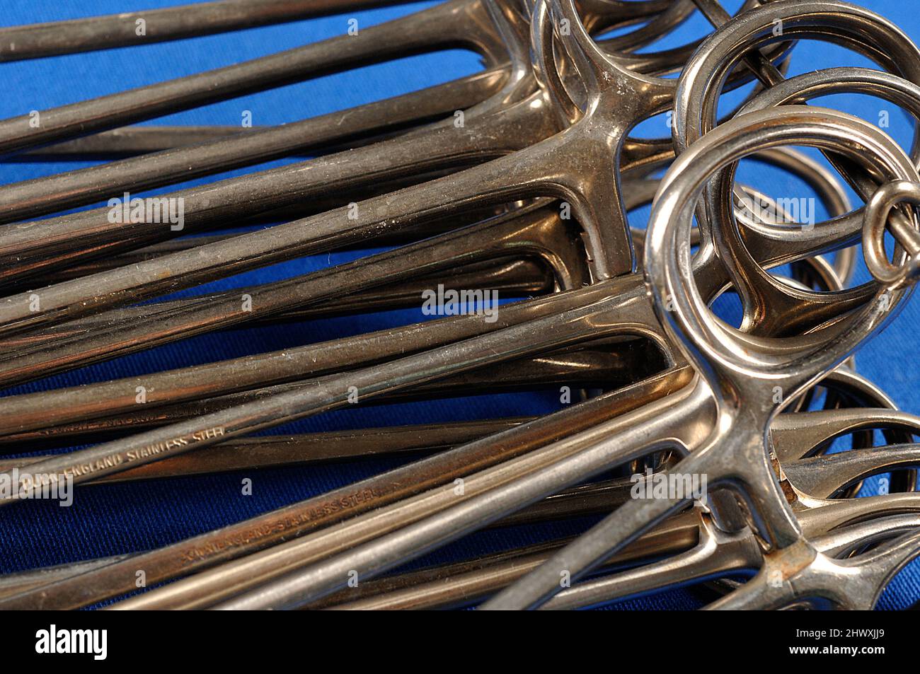 An array of curved and straight haemostatic artery forceps on a Mayo ...