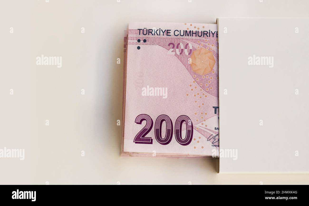 Turkish Two Hundred Banknotes with white box on a white background with ...