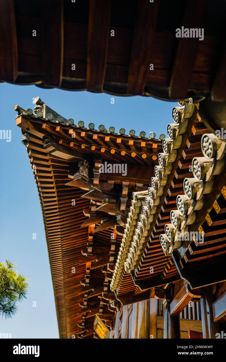 Detail view of the ancient Chinese wooden architecture at a temple in ...