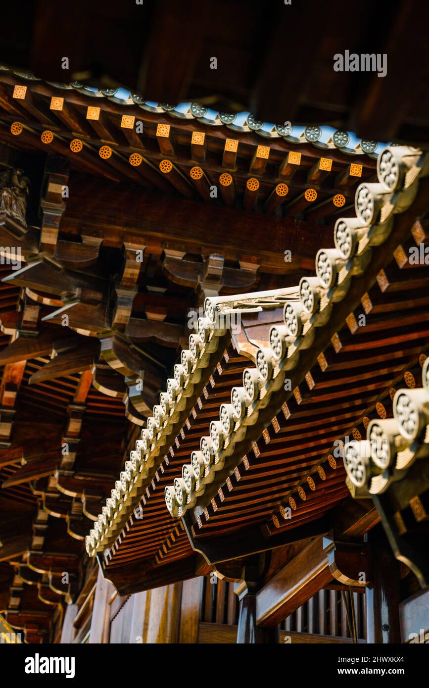 Detail view of the ancient Chinese wooden architecture at a temple in ...