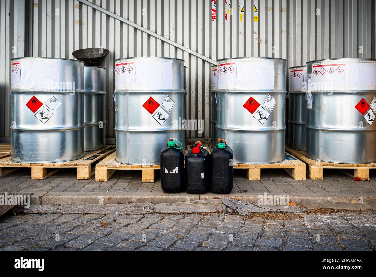 Big metal barrels containing hazardous chemicals from laboratories ...