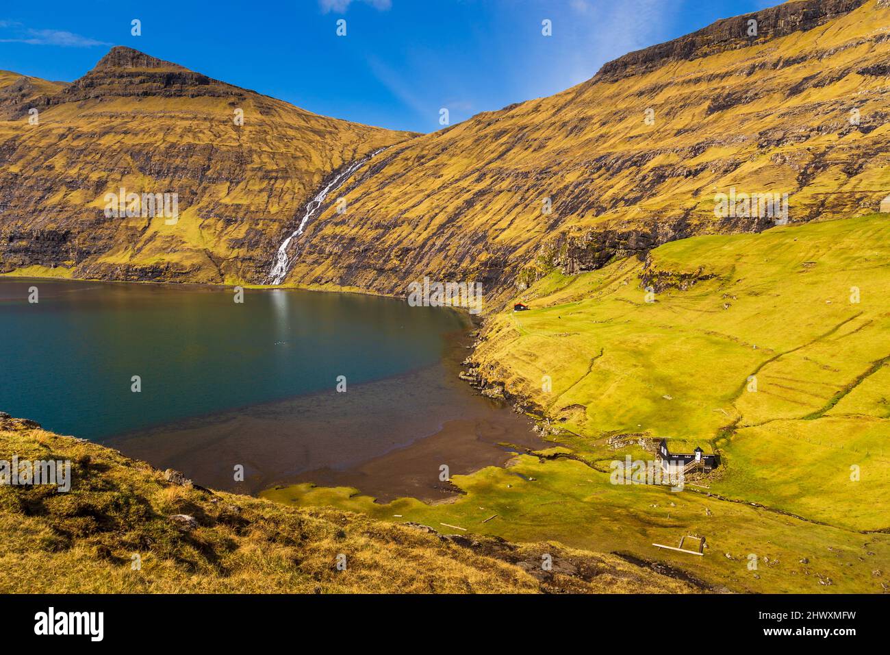 Beautiful spring scenery.View of Saksun village with typical turf-top ...