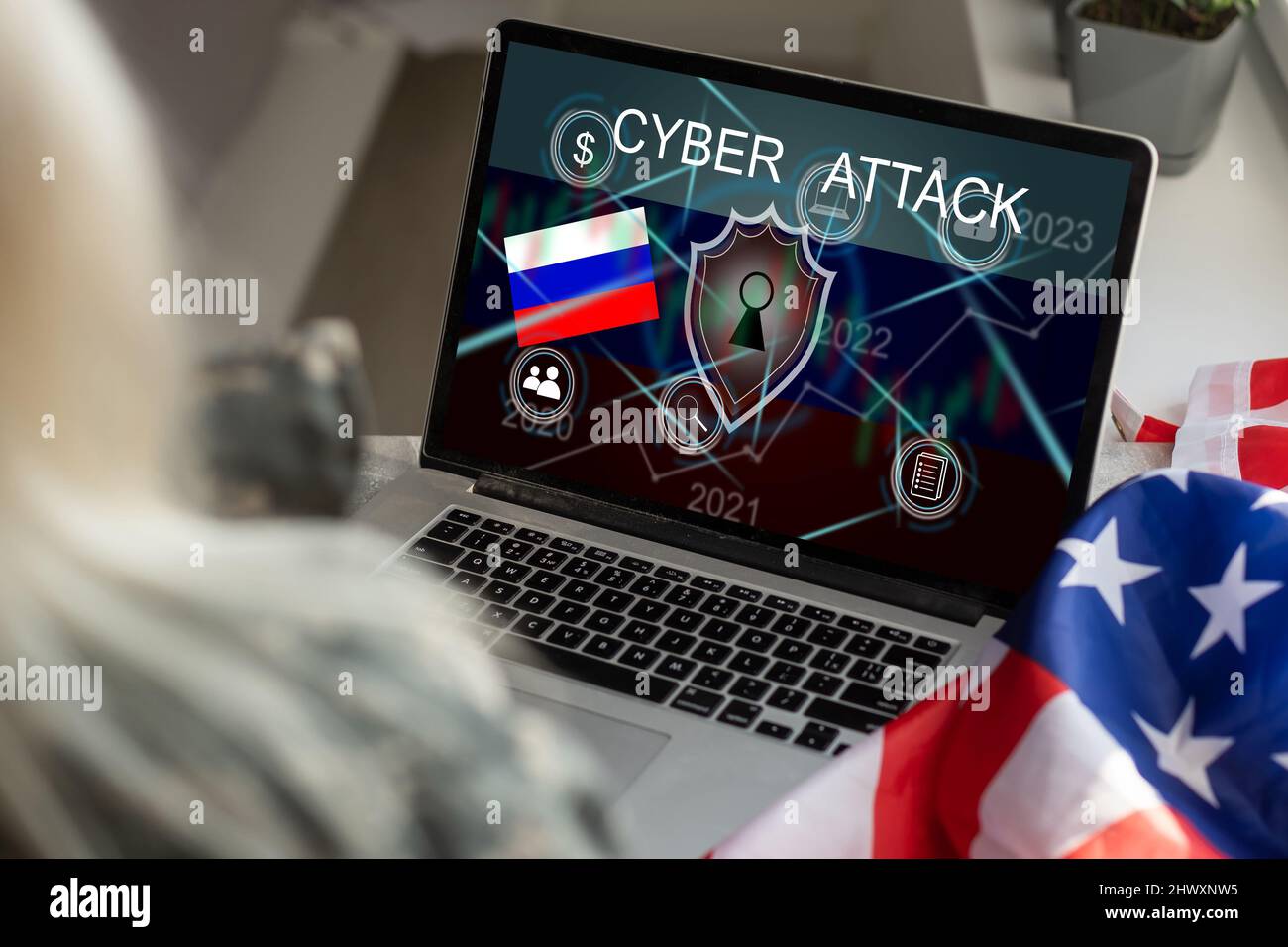 Cyber security concept icons with russian flag Stock Photo - Alamy