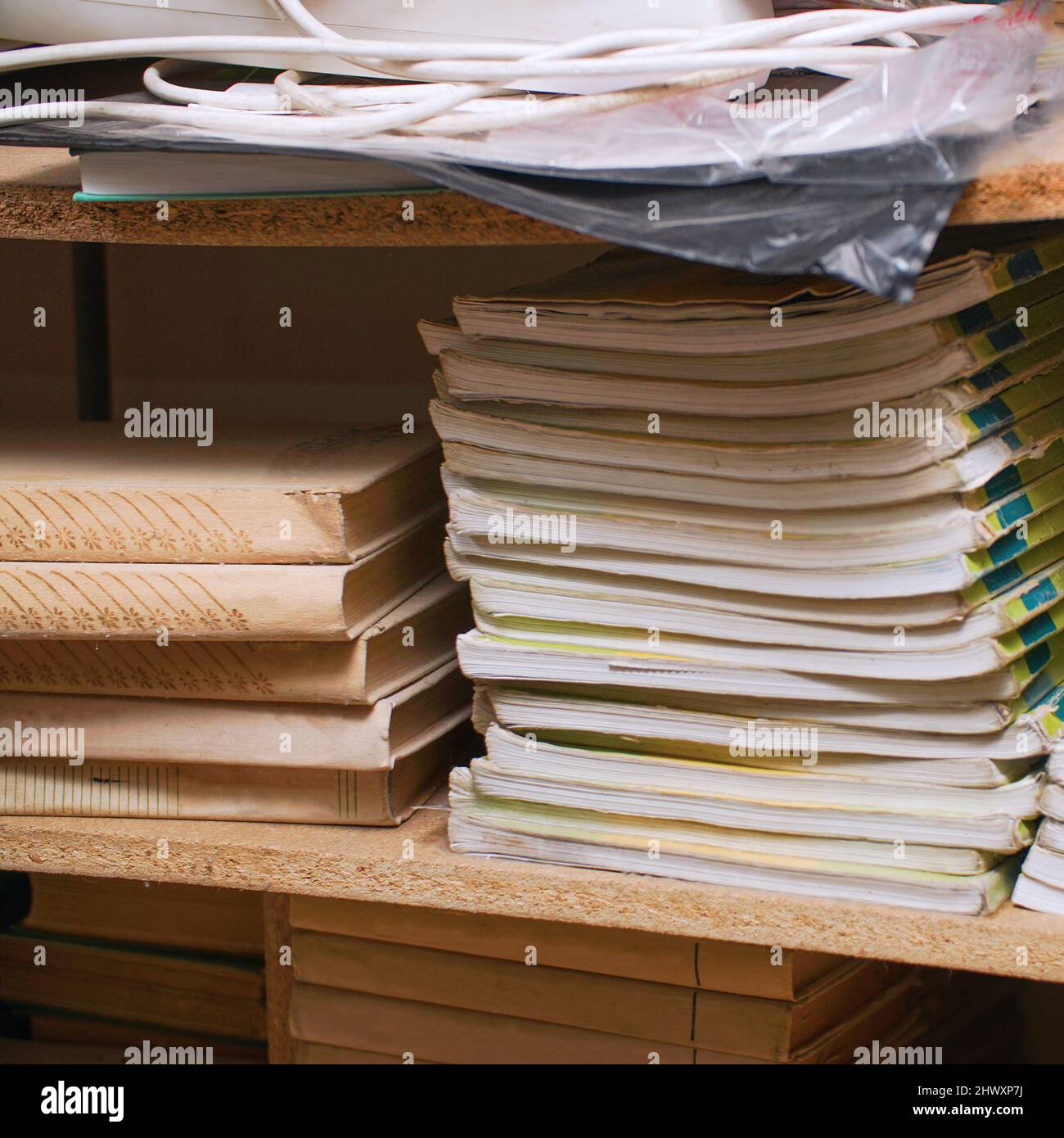 Stacks of old books on a shelf in the library. Selective Focus Stock ...