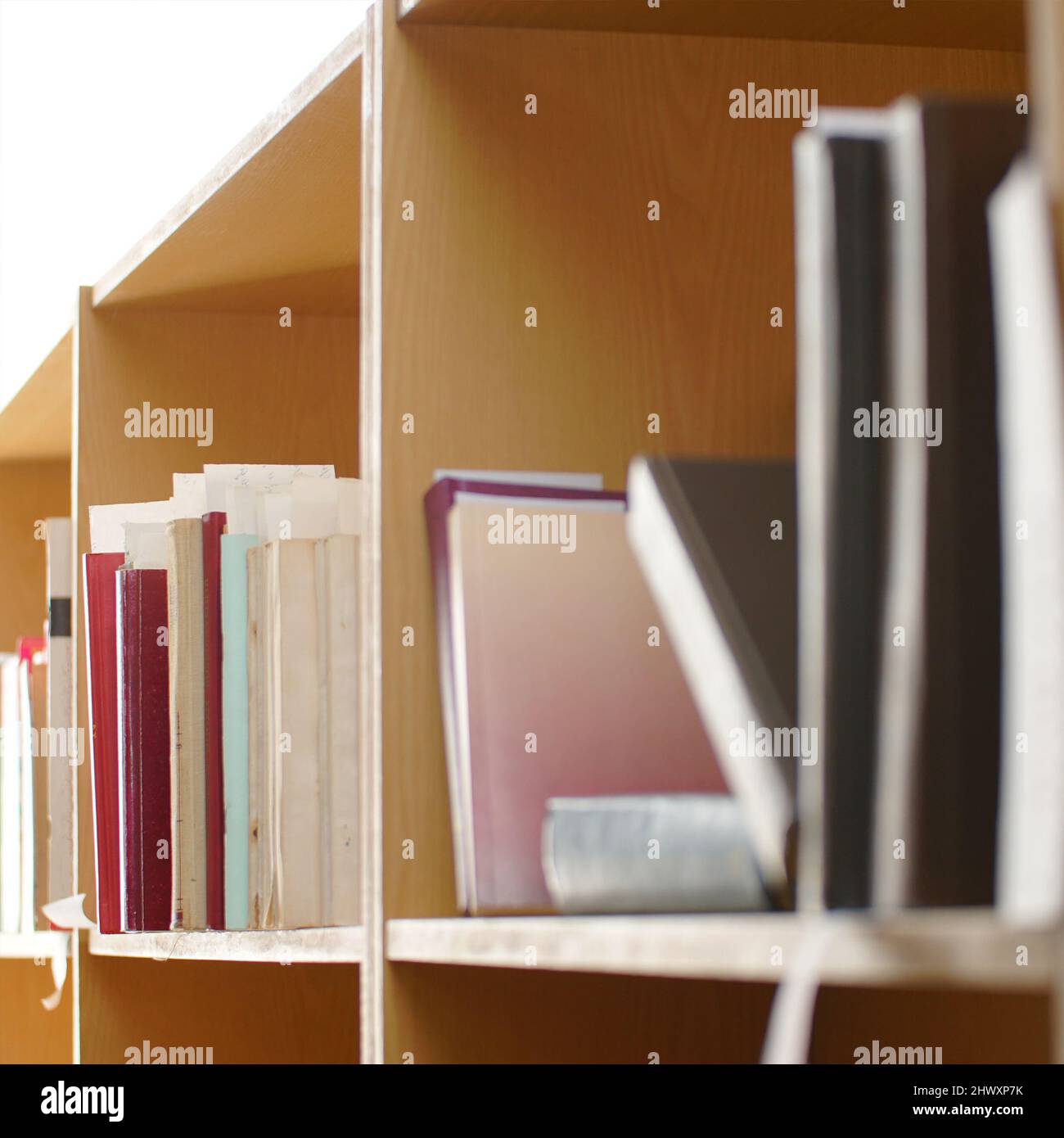 Books on a shelf in the library. Selective focus Stock Photo - Alamy