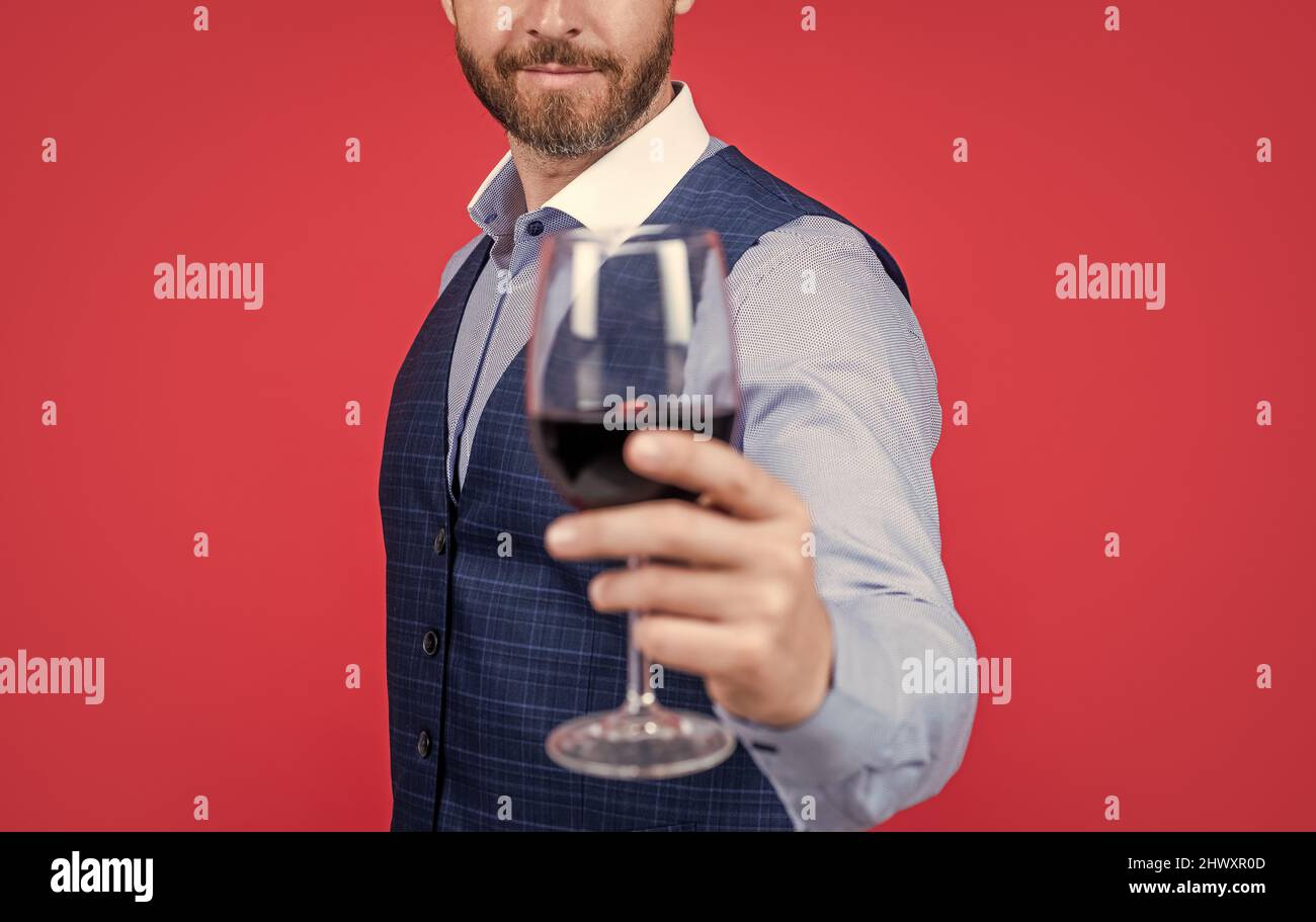 sommelier. guy drink red wine. cheers for happy valentines day. alcohol ...