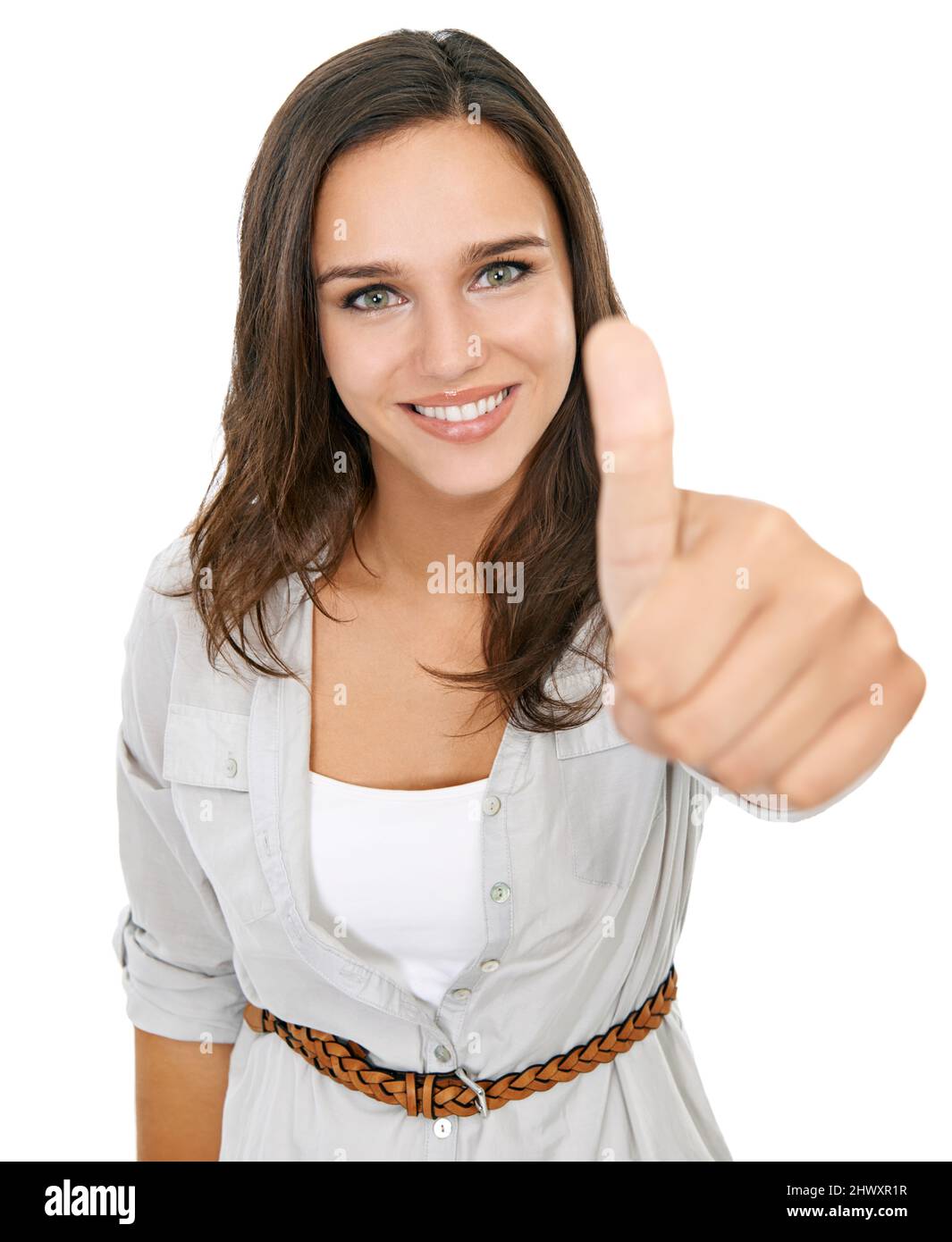 I whole-heartedly support you. Studio portrait of a young woman giving ...