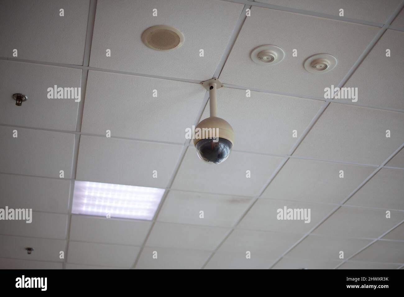 Ceiling with surveillance camera. Video camera 360 degree view. Indoor ...
