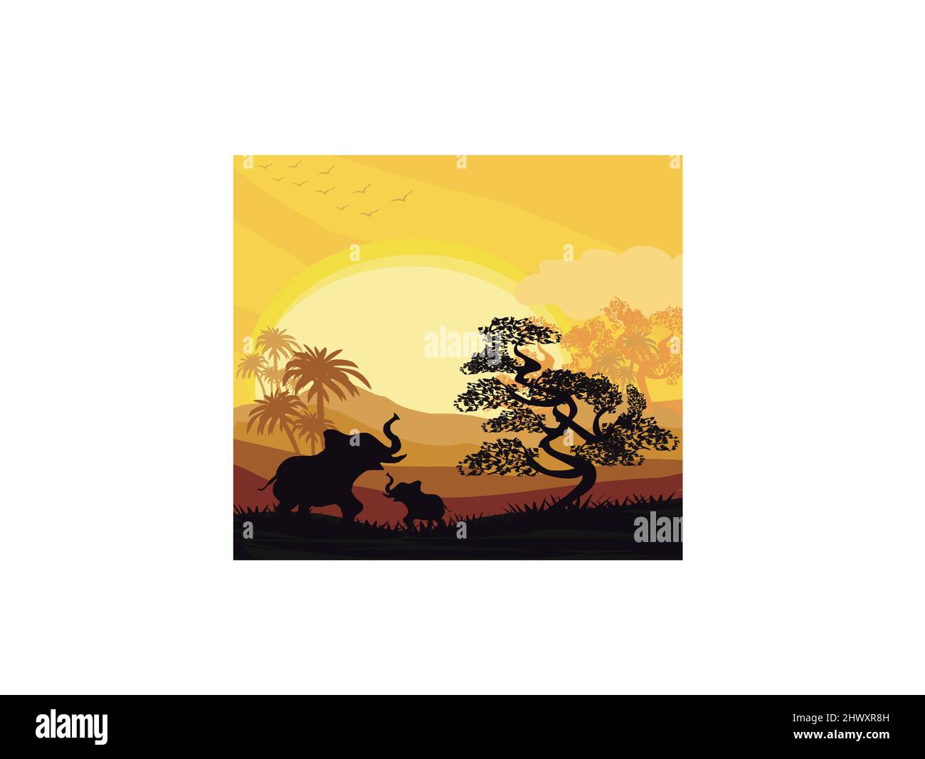Cartoon African Savannah Card Poster - elephants during sunset Stock ...