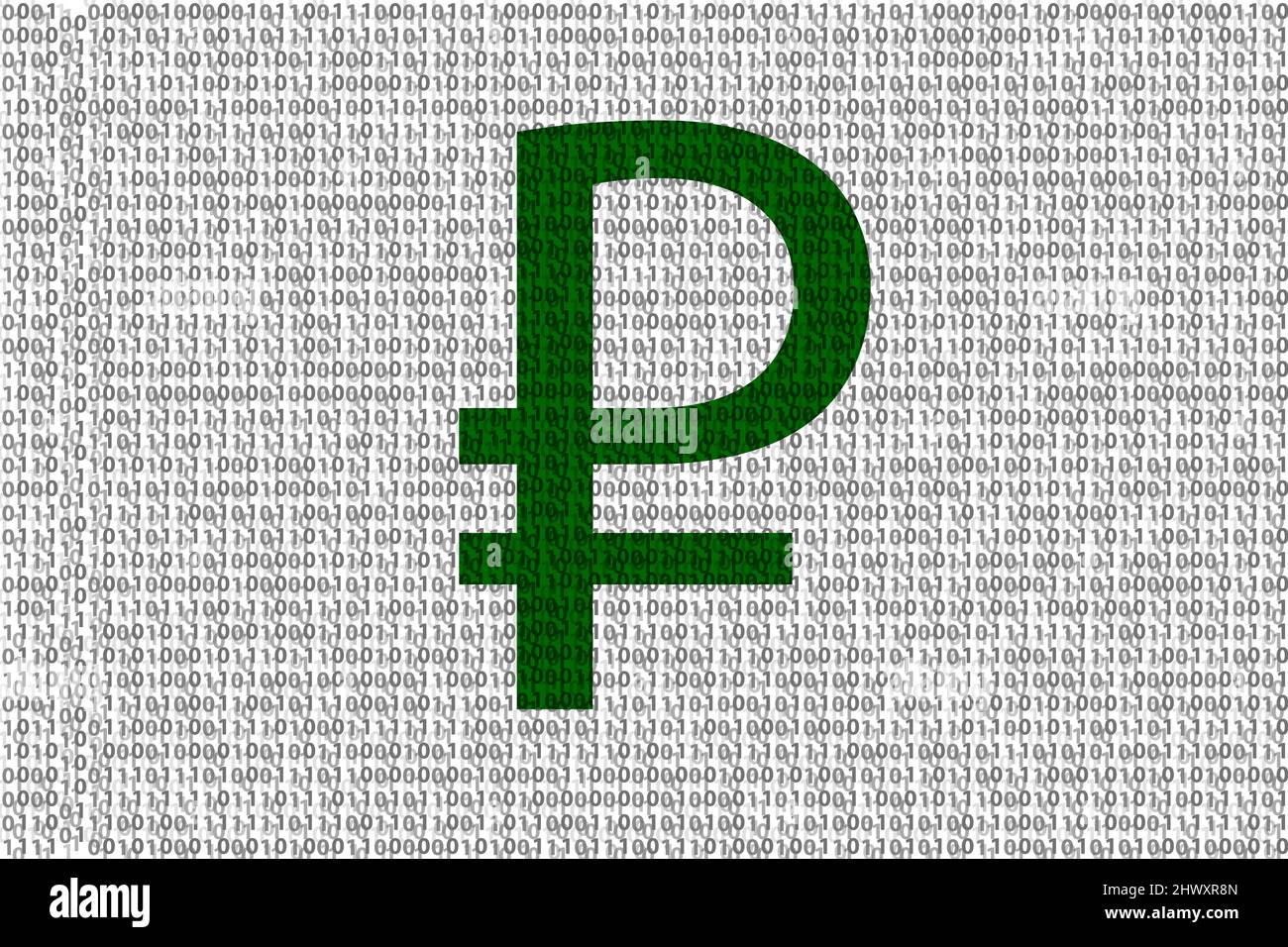 Russian ruble currency symbol in binary code consisting of 0 and 1. Represents digital cyber ...