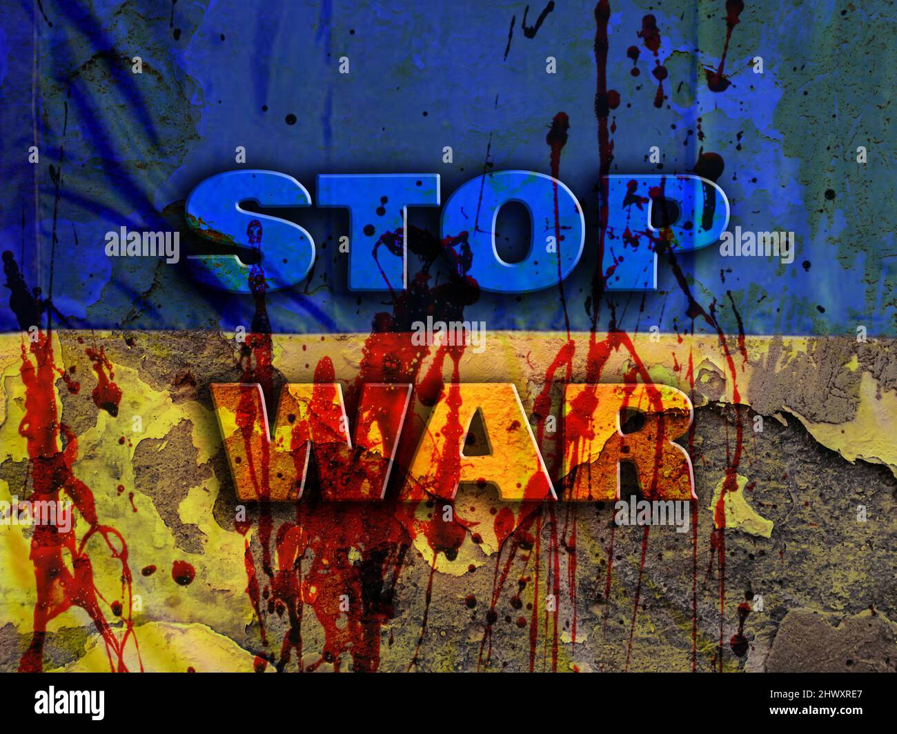 words stop War covered in blood against the background of the flag of ...