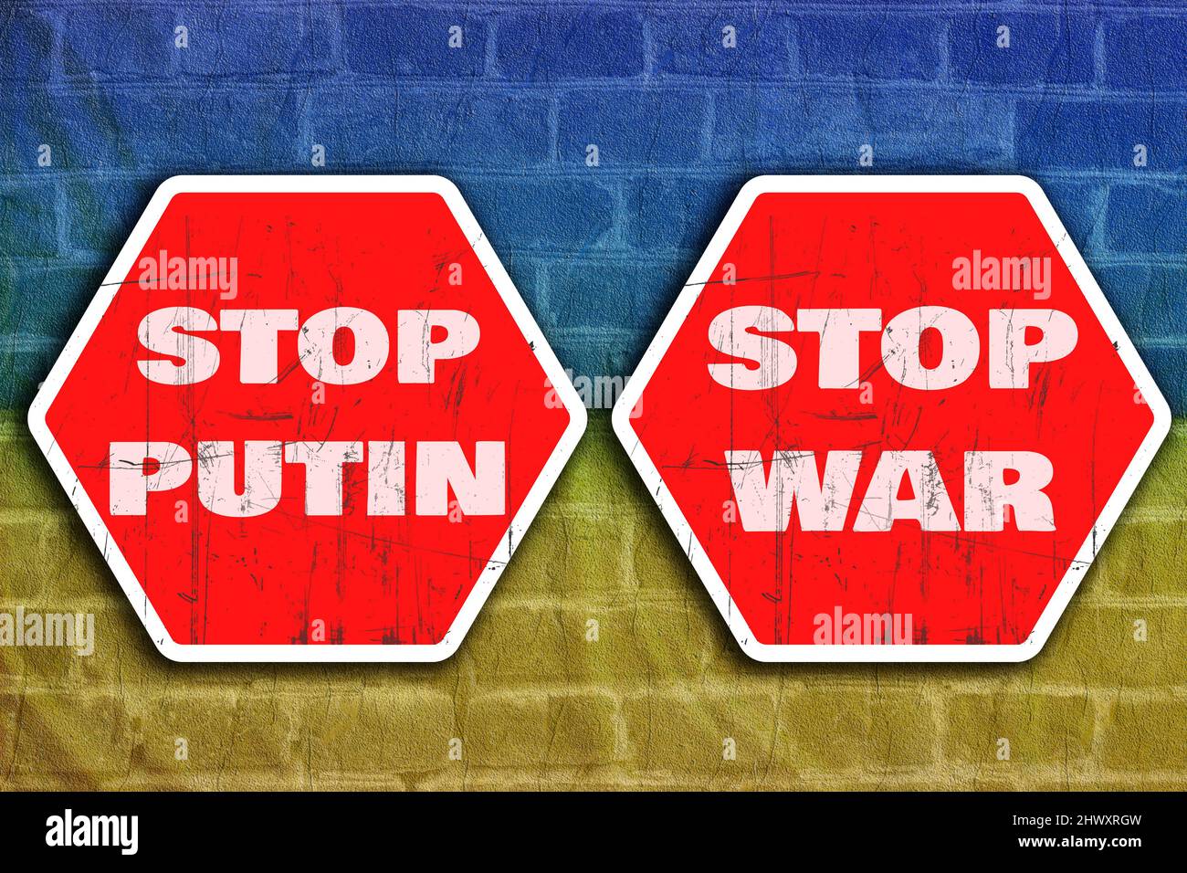 Vinnitsa, Ukraine, March 2022:words stop Putin - stop War on a red road ...