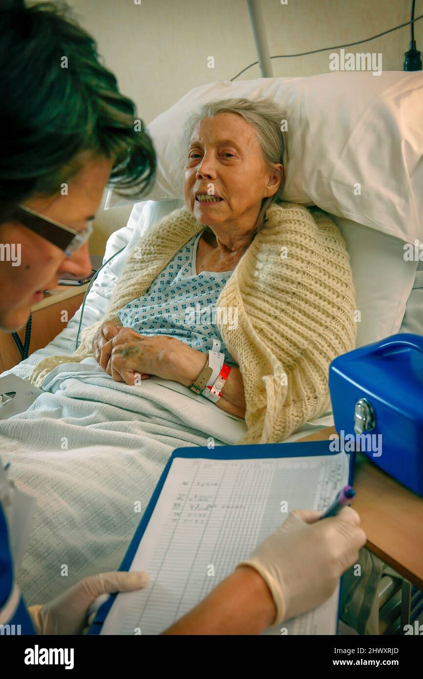A nurse discusses various medical options with her elderly patient ...