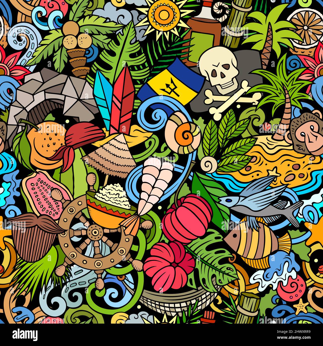 Cartoon doodles Barbados seamless pattern. Backdrop with barbadian ...