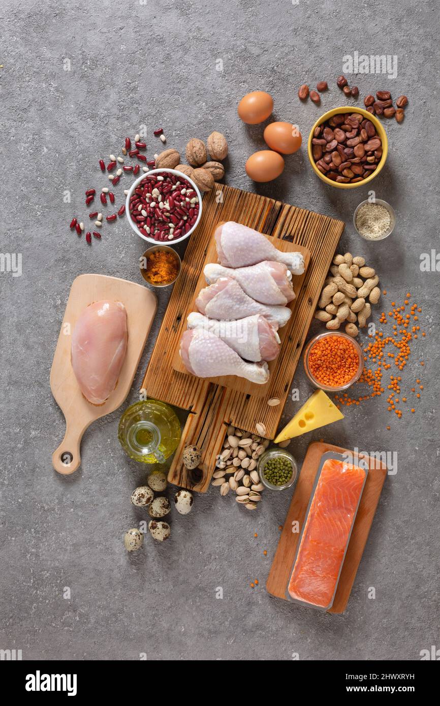An assortment of healthy food sources of protein and vitamins. Meat ...