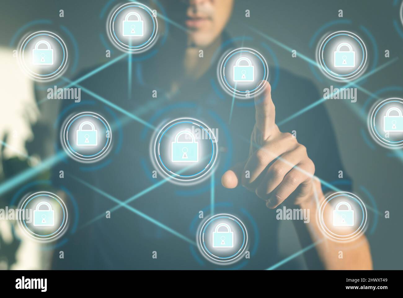 Businessman holds an open padlock icon on his palm.unlocking a virtual ...