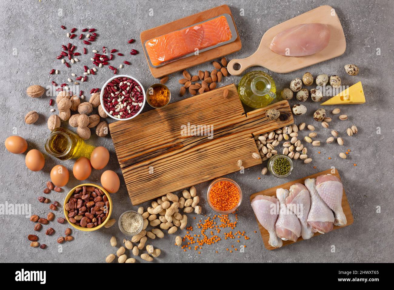 An assortment of healthy food sources of protein and vitamins. Meat ...