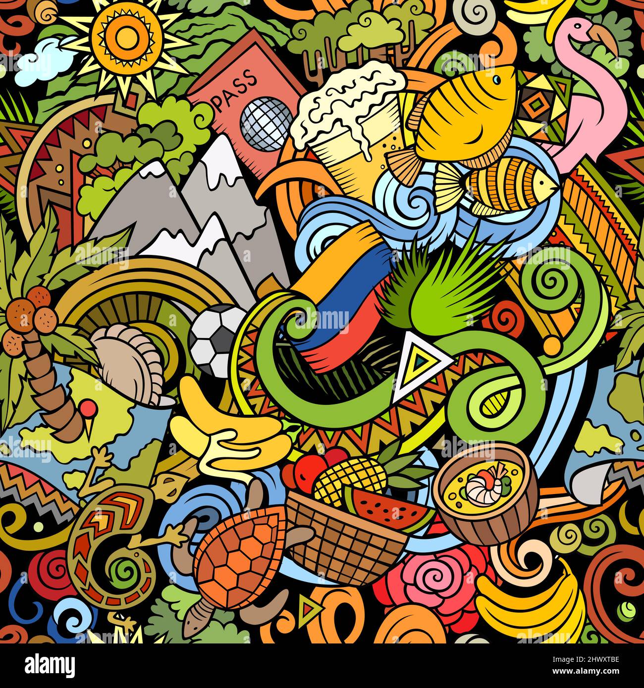 Cartoon doodles Ecuador seamless pattern. Backdrop with Ecuadorian ...