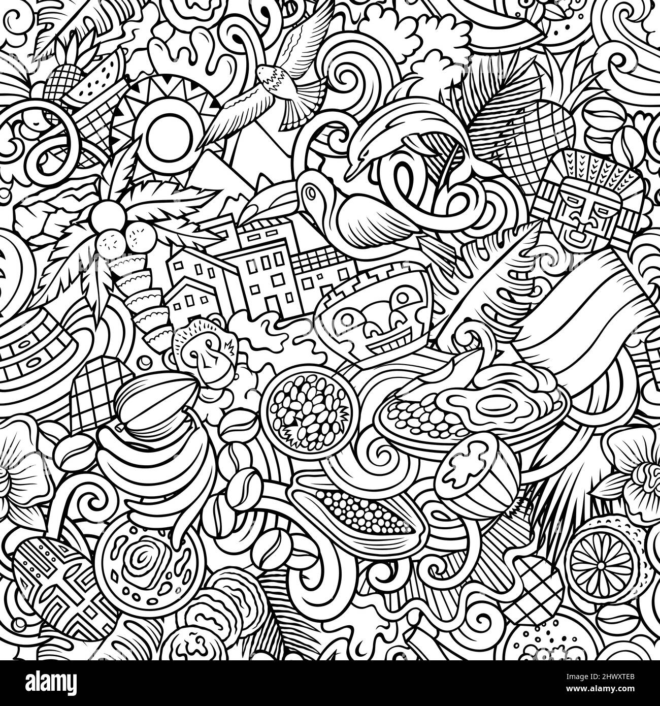 Cartoon doodles Colombia seamless pattern. Backdrop with Colombian ...